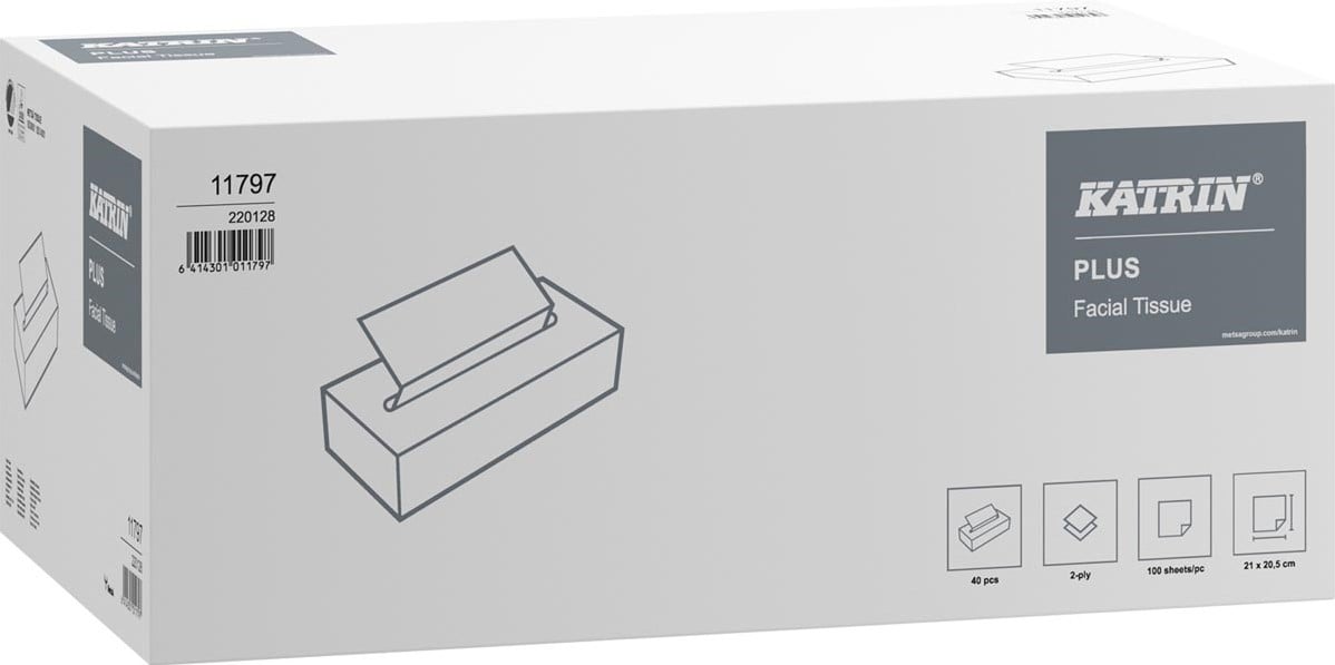 Katrin Plus facial tissues, 2-laags, doos van 100 vellen bij VindiQ Office