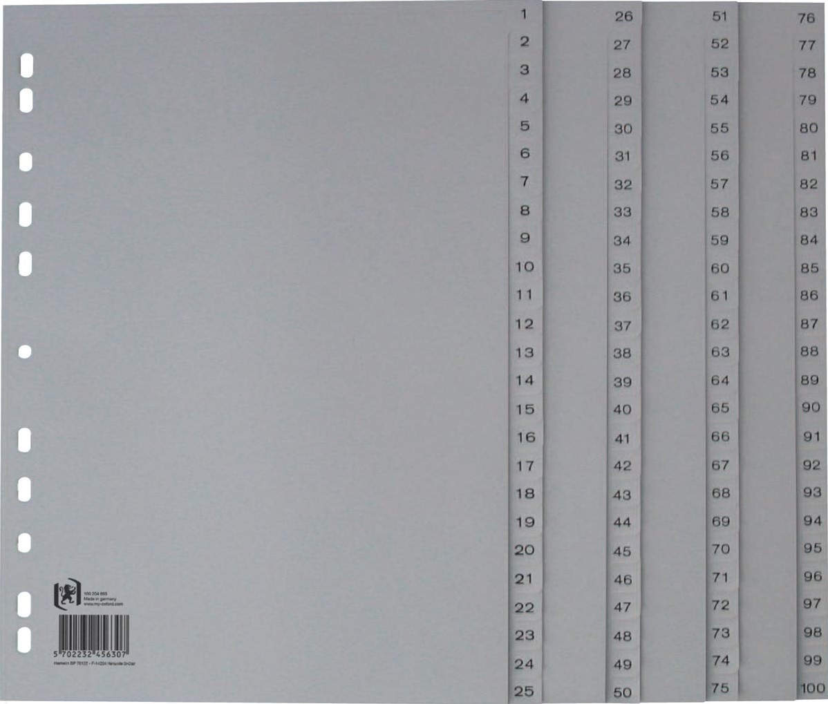 Oxford tabbladen, A4, uit PP, 11-gaatsperforatie, 100 genummerde tabs ...