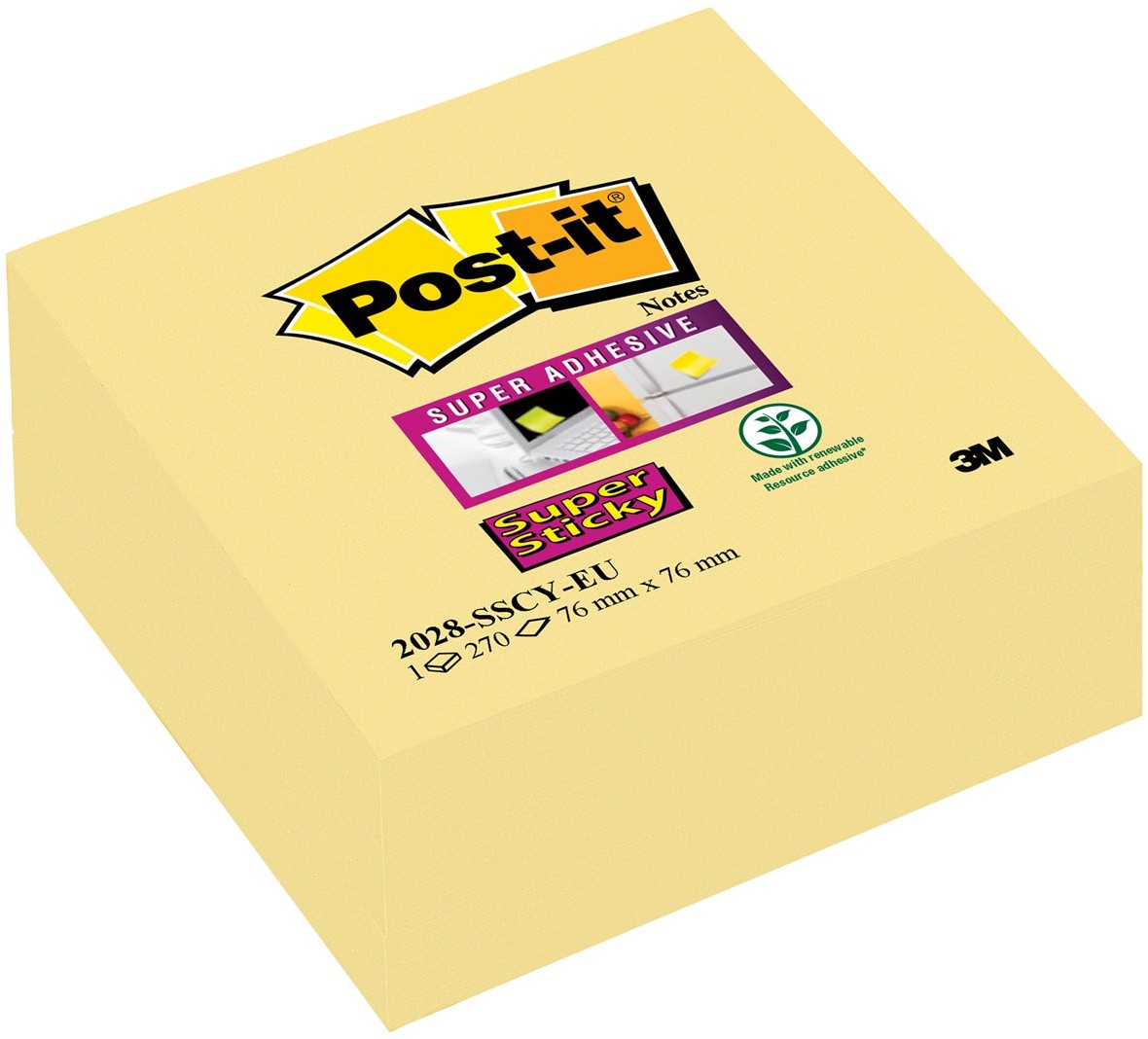Post-it Super Sticky notes kubus, 270 vel, ft 76 x 76 mm, geel bij ...