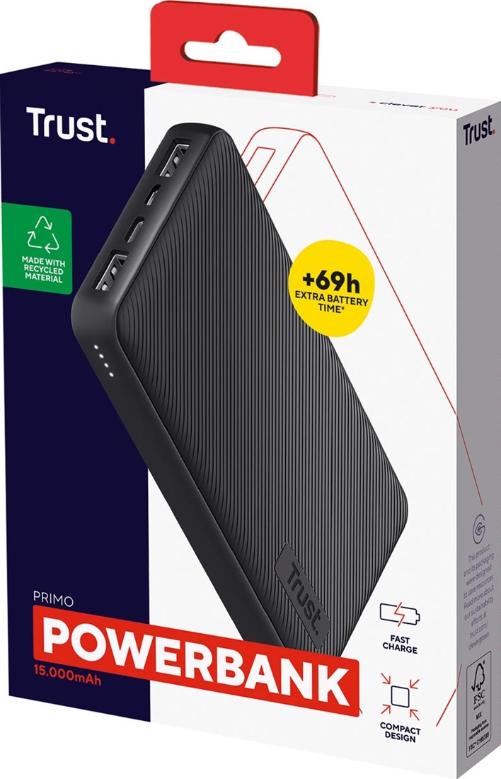 Trust Primo powerbank Eco, 15.000 mAh, noir bij VindiQ Office