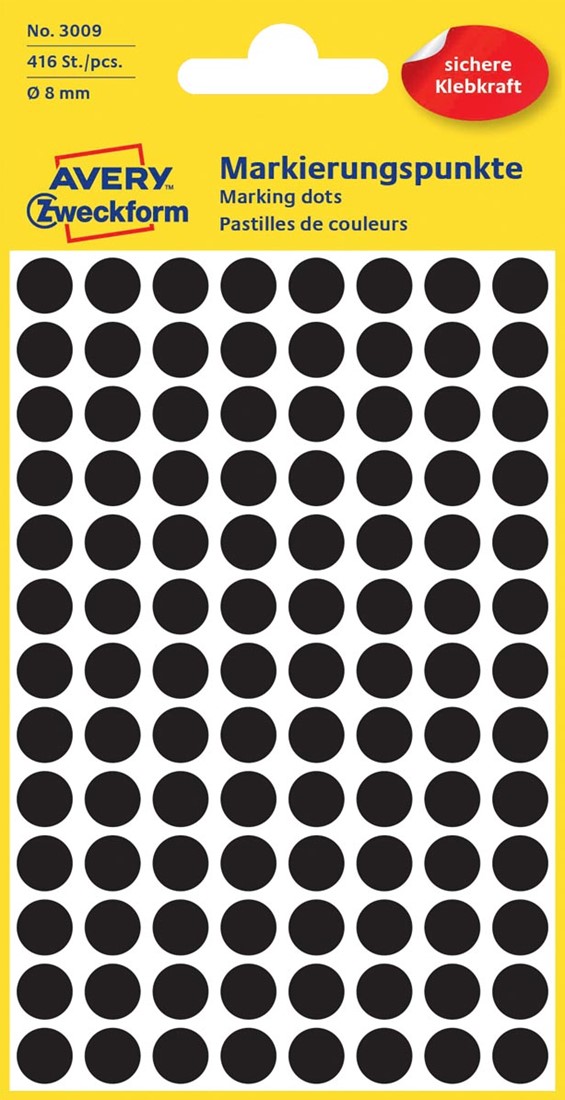 Avery Ronde etiketten diameter 8 mm, zwart, 416 stuks bij VindiQ Office