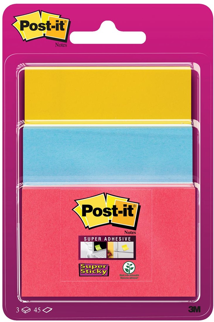 Post It Super Sticky Notes 45 Feuilles 3 Formats Couleurs Assorties