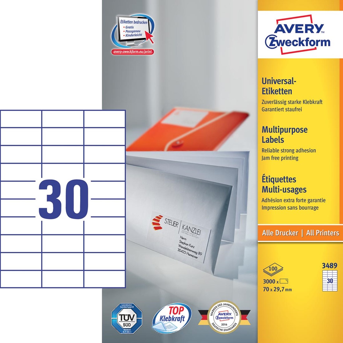 Avery Zweckform 3489, Etiquettes universelles, Ultragrip, blanches, 100 ...