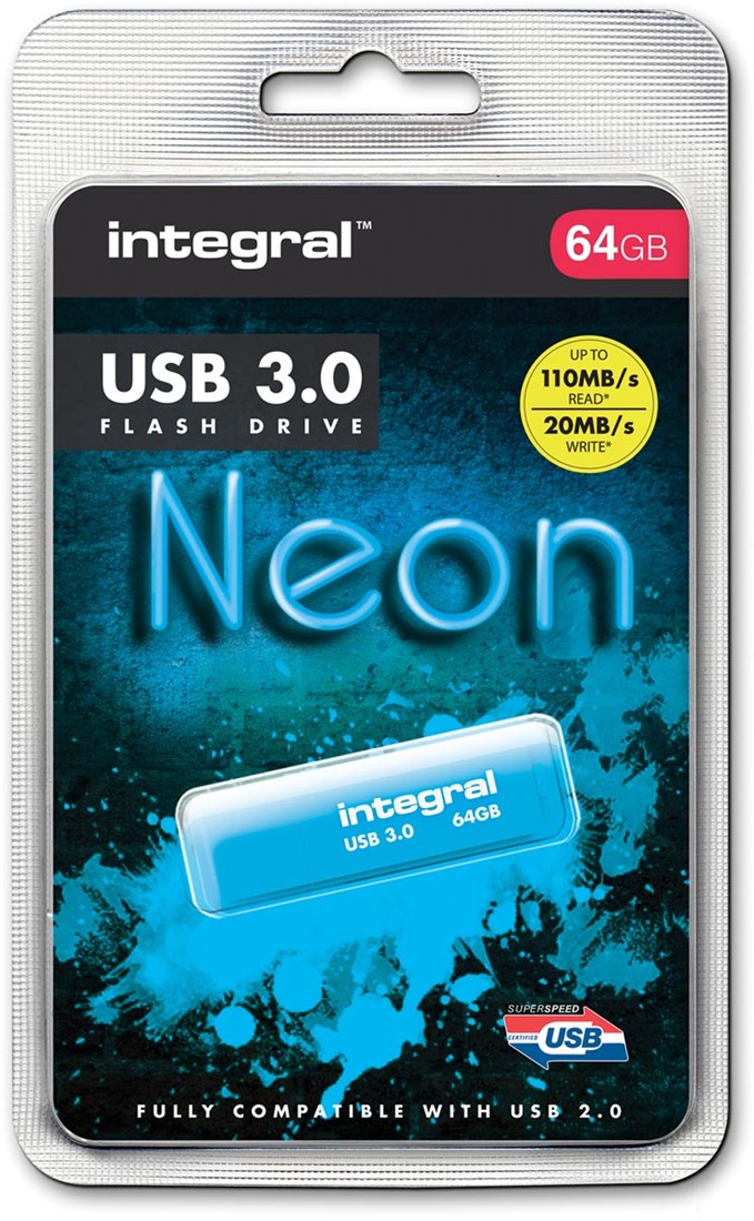 Integral Neon USB 3.0 stick, 64 GB, blauw bij VindiQ Office