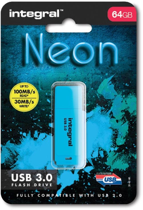 Integral Neon USB 3.0 stick, 64 GB, blauw bij VindiQ Office