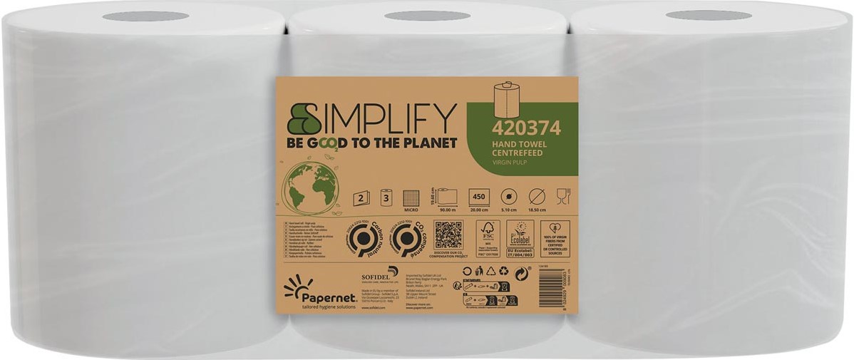 Papernet essuie-mains en papier Simplify Centerfeed, 2 plis, 90 mètres ...