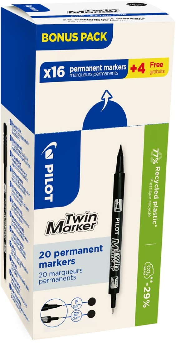 Pilot permanente marker Twin, doos van 16 + 4 stuks, zwart bij VindiQ ...