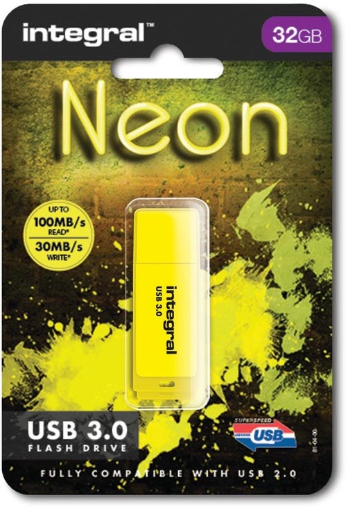 Integral Neon USB 3.0 stick, 32 GB, geel bij VindiQ Office