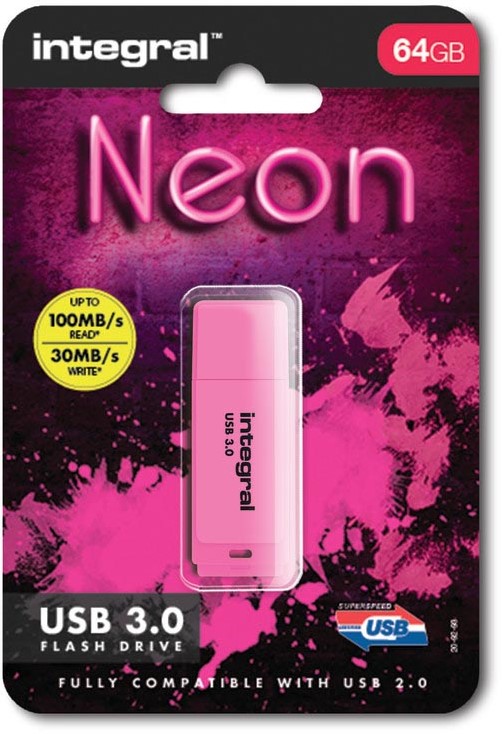 Integral Neon USB 3.0 stick, 64 GB, roze bij VindiQ Office