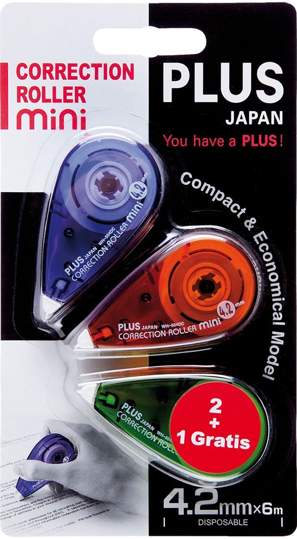 Plus mini correctieroller, 2 + 1 gratis, op blister bij VindiQ Office