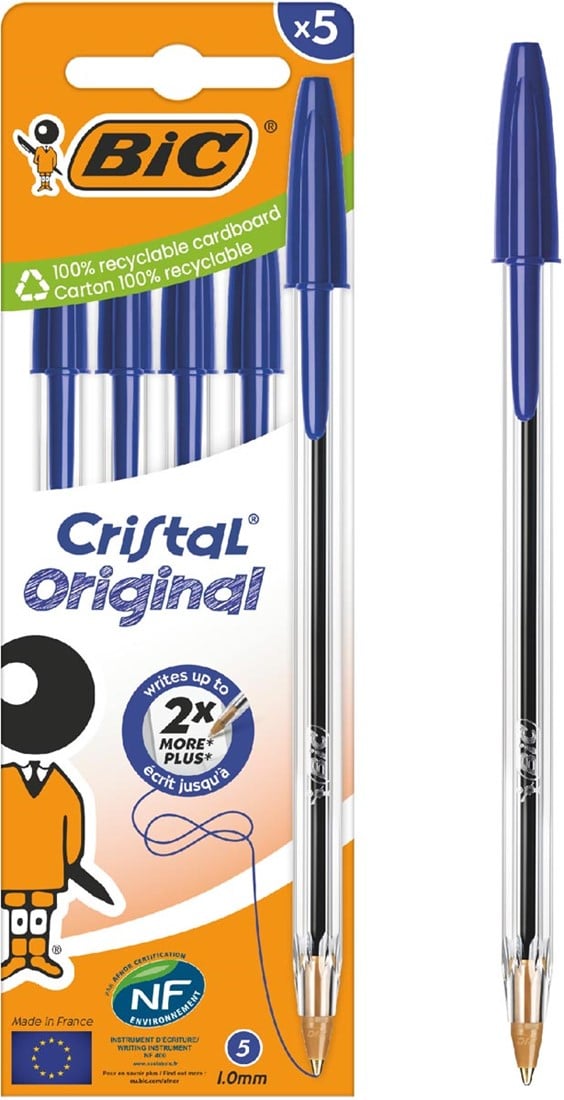 Bic Cristal balpen medium, blauw, blister van 5 stuks bij VindiQ Office