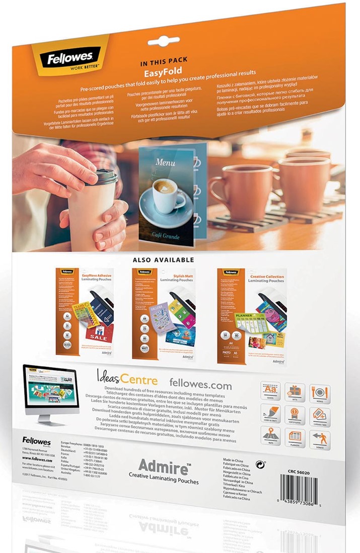 Fellowes lamineerhoes Admire Easyfold Enhance80 ft A3, 160 micron (2 x 80 micron), pak van 25 ...