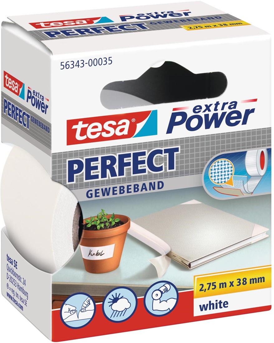 Tesa extra Power Perfect, ft 38 mm x 2,75 m, wit bij VindiQ Office