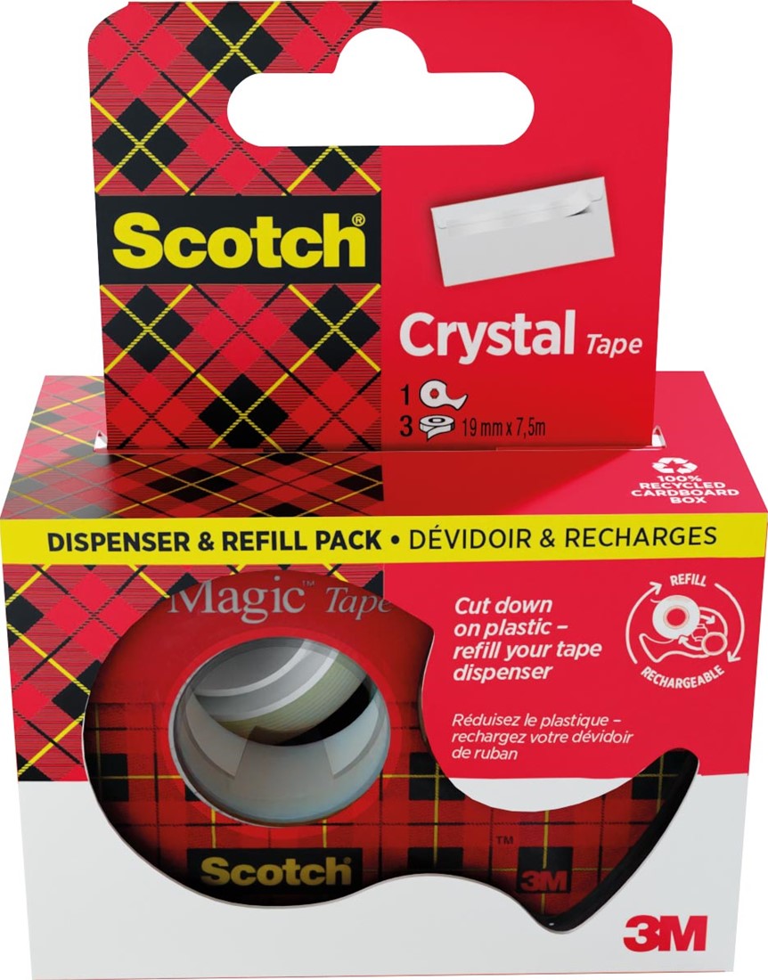Scotch Crystal Tape plakband ft 19 mm x 7,5 m, dispenser + 3 rolletjes, ophangbaar doosje bij ...