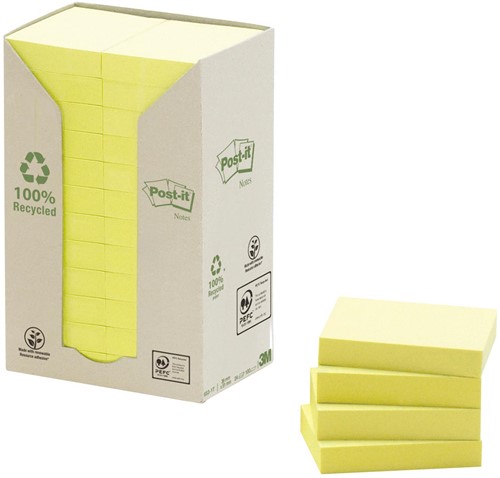 Post-it Recycled notes, 100 vel, ft 38 x 51 mm, geel, pak van 24 ...