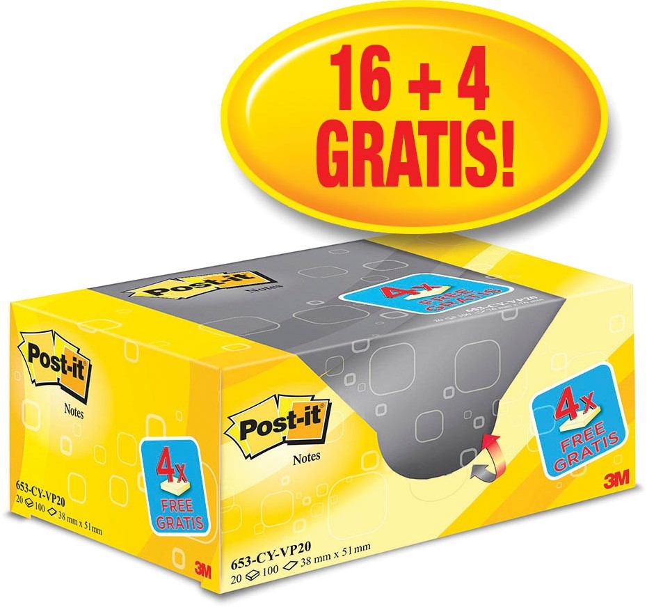 Post-it Notes, ft 38 x 51 mm, geel, blok van 100 vel, pak van 16 + 4 ...