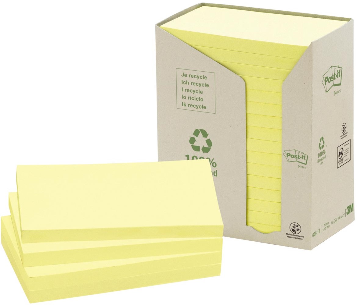 Post-it Recycled notes, 100 vel, ft 76 x 127 mm, geel, pak van 16 ...