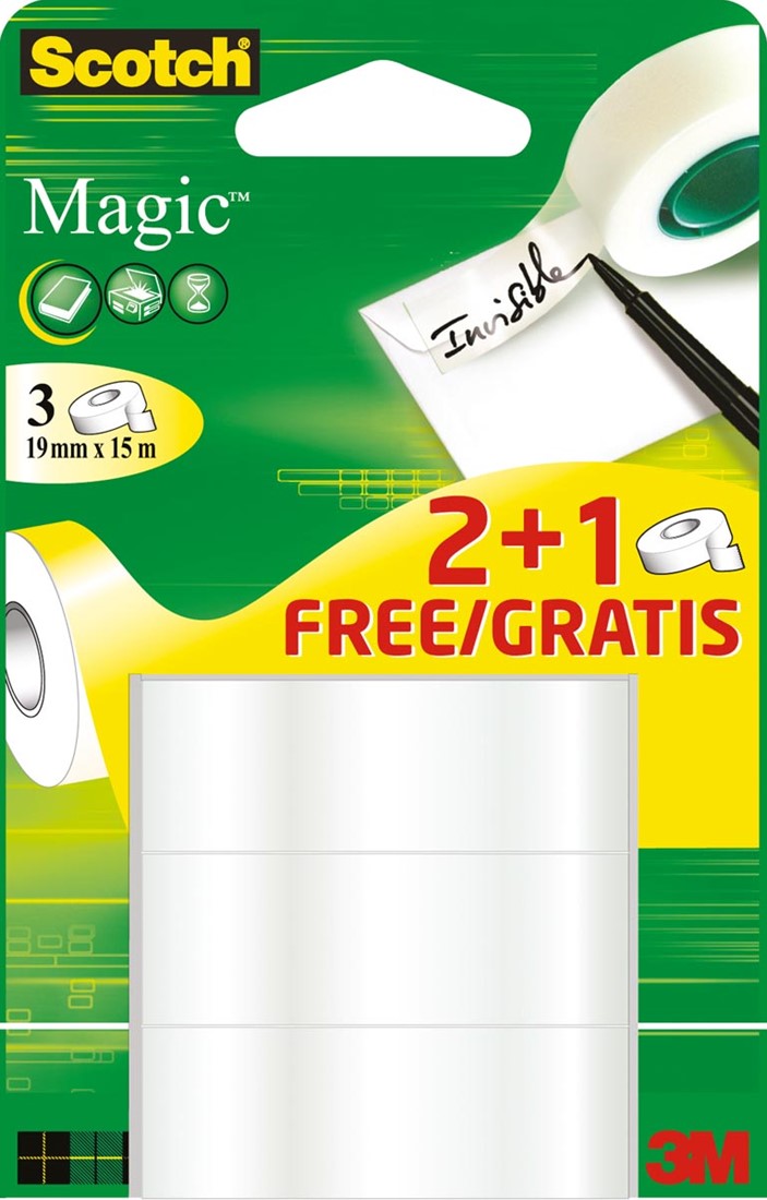 Scotch Magic plakband Ft 19 mm x 15 m 2 + 1 gratis bij VindiQ Office