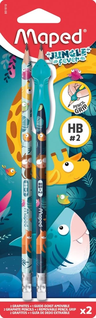Maped grafietpotlood Jungle Fever HB met gom, + leerhulpmiddel, blister van 2 stuks, assorti bij ...