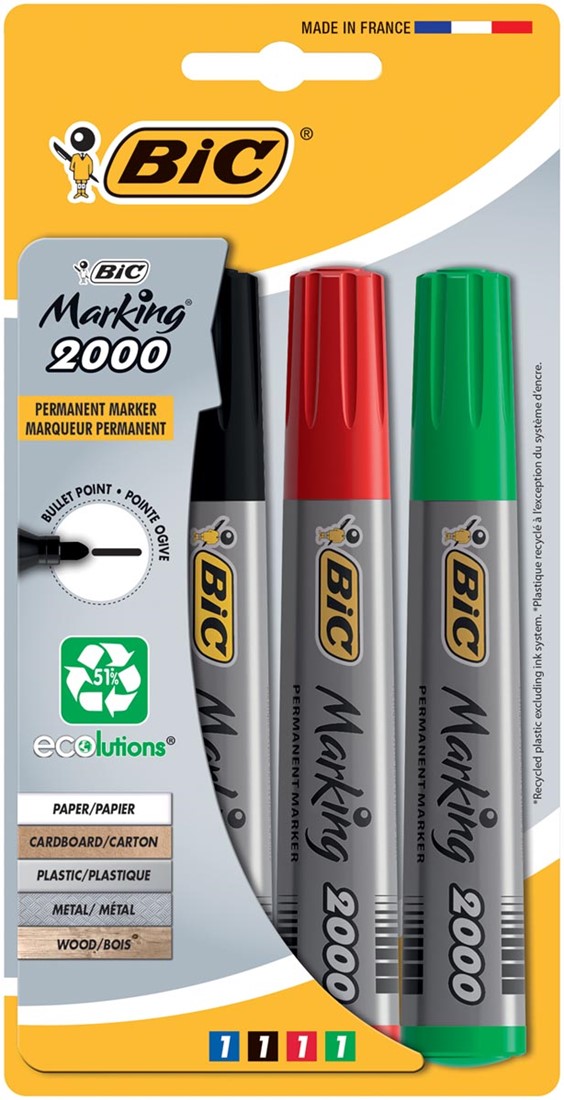 Bic permanent marker 2000, doos met 4 stuks in geassorteerde kleuren bij VindiQ Office