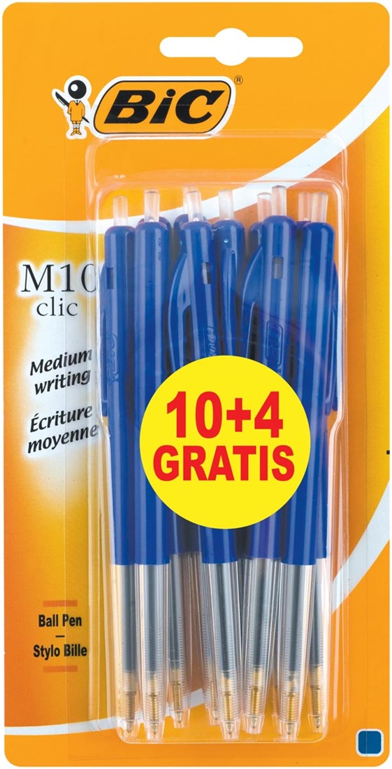 Bic balpen M10 Clic, 0,4 mm, medium punt, bleu, blister 10 stuks + 4 gratis bij VindiQ Office