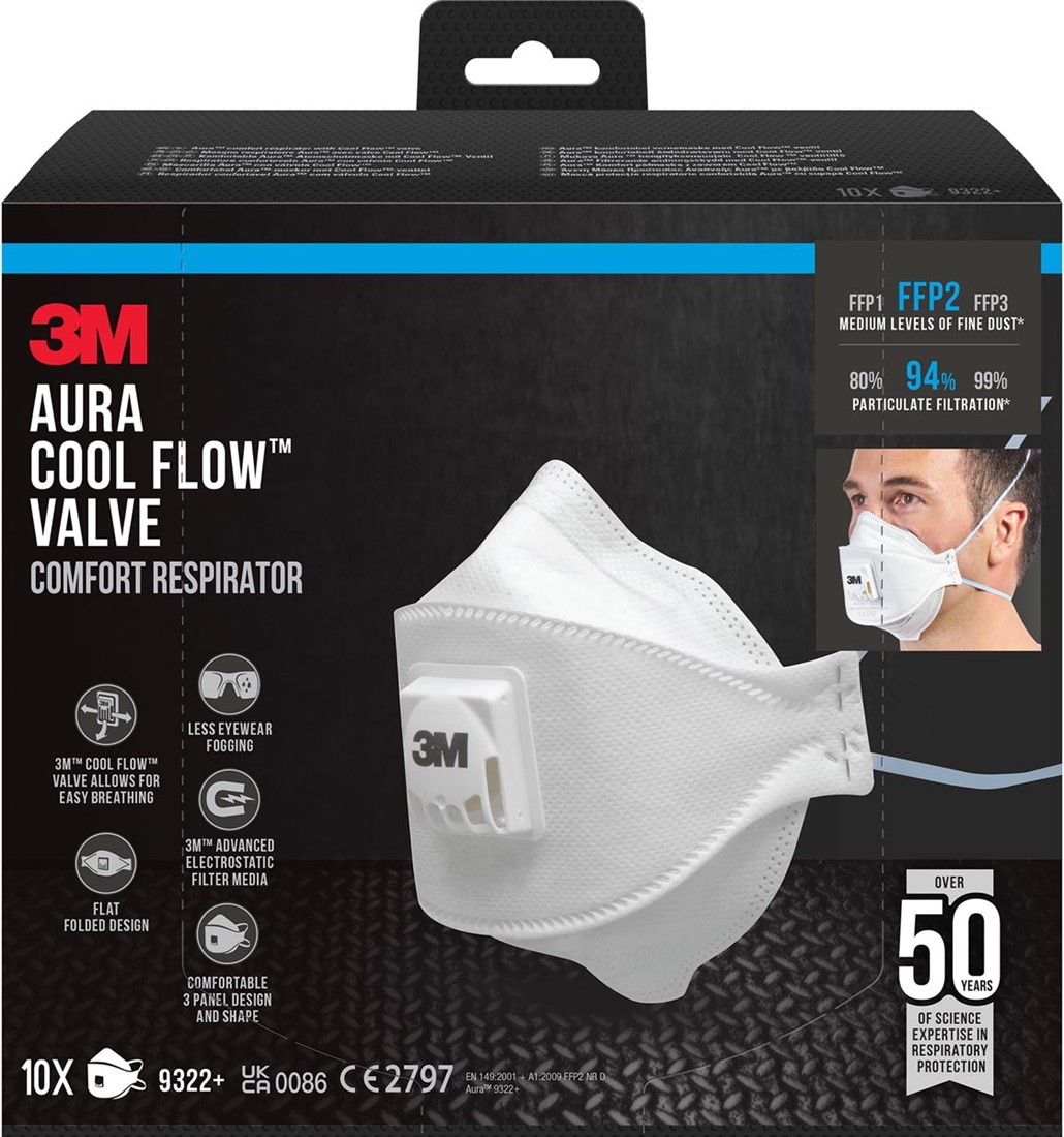 3M Aura Comfort Cool Flow stofmasker, FFP2, met ventiel, pak van 10 ...
