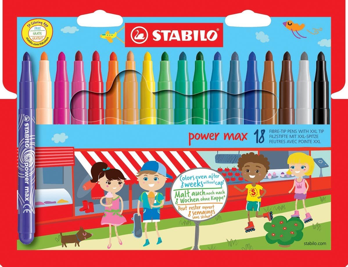 STABILO power max viltstift, etui van 18 stuks in geassorteerde kleuren ...