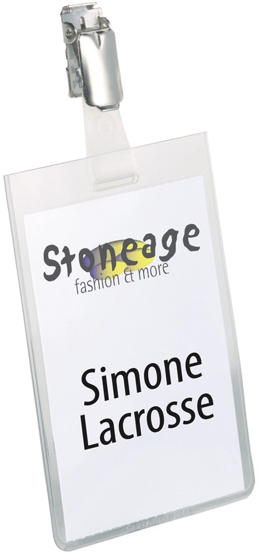 Durable badge met clip ft 90 x 60 mm, verticaal bij VindiQ Office
