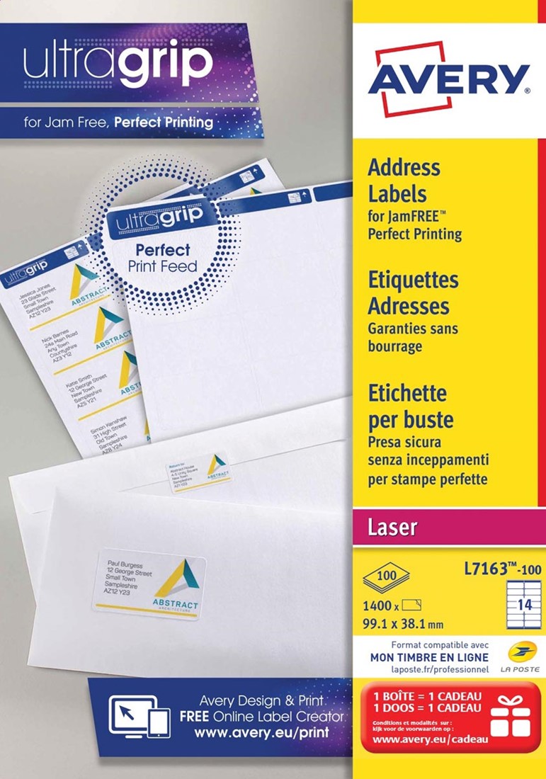 Avery L7163, Adresetiketten, Laser, Ultragrip, wit, 100 vellen, 14 per ...