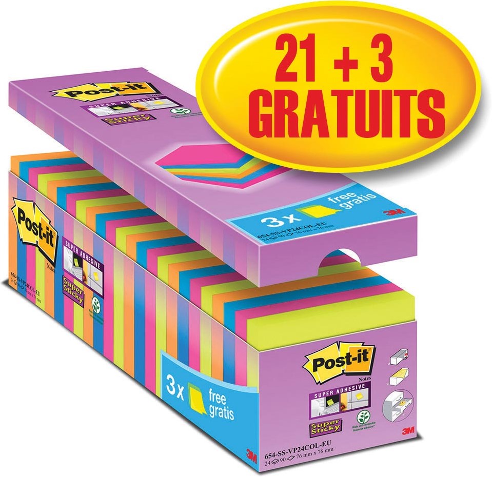 Post-it super Sticky notes, 90 feuilles, ft 76 x 76 mm, couleurs ...